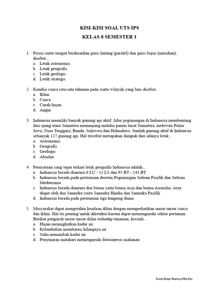 Kisi-Kisi Soal UTS IPS Kelas 8 Sem 1 | PDF