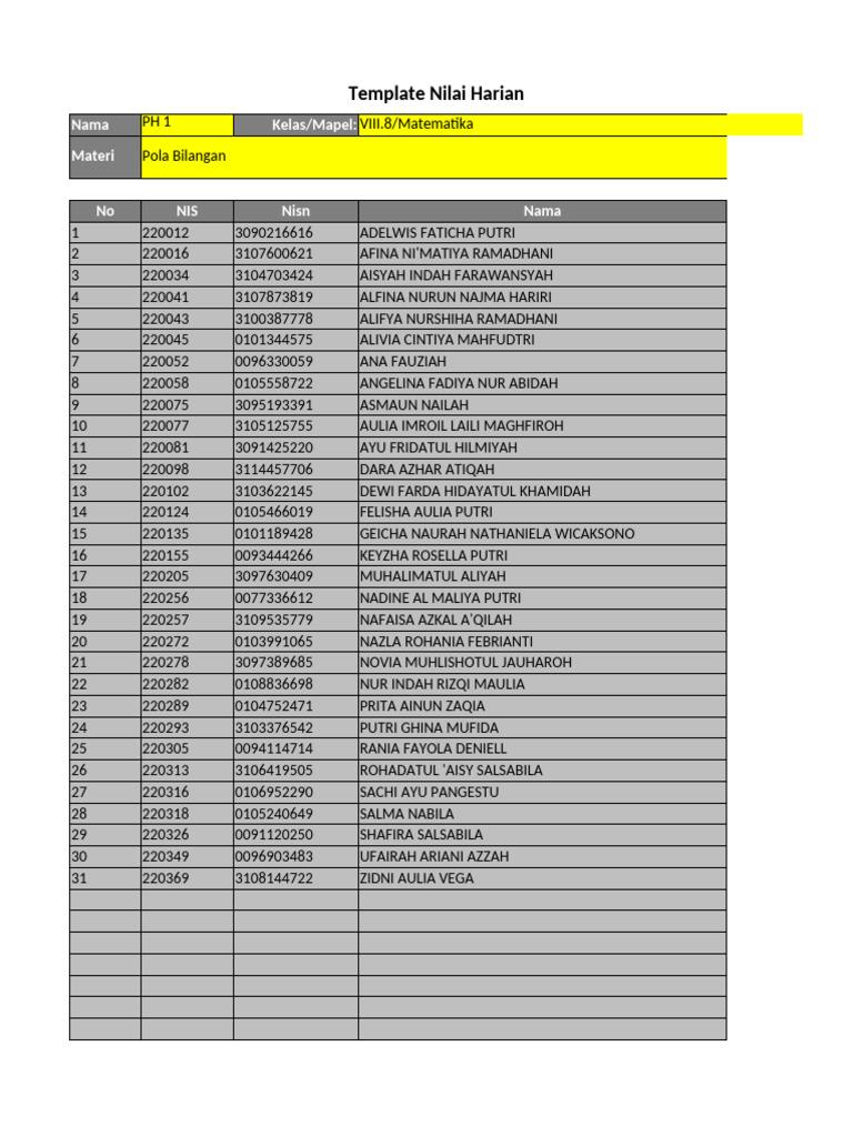 Template Nilai Harian VIII.8 Matematika | PDF