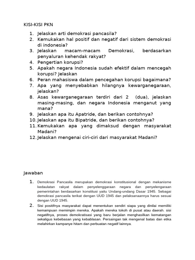KISI-kisi PKN UAS | PDF