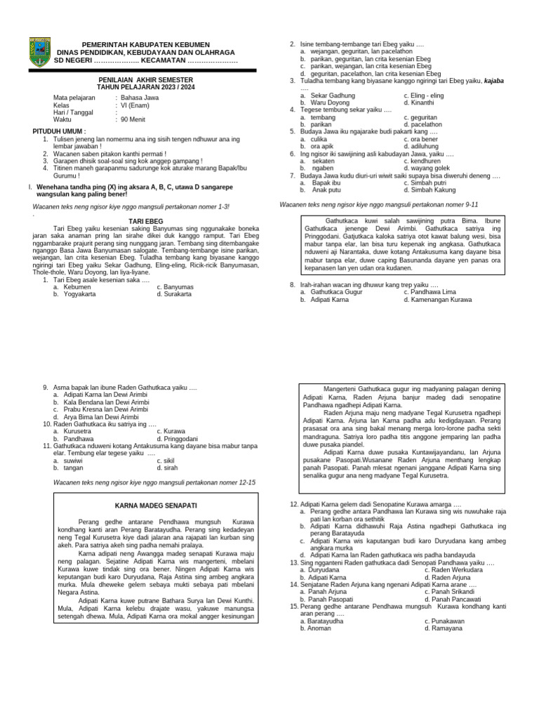 PAS Bahasa Jawa Semester Kelas VI 2023 | PDF