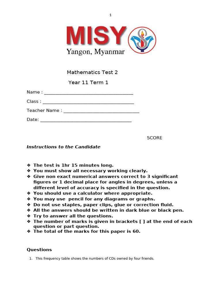 Year 11 Test 2 Semester 1 | PDF
