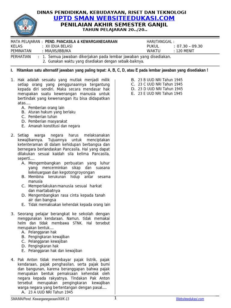 Soal Pas PKN Kelas Xii K13 | PDF