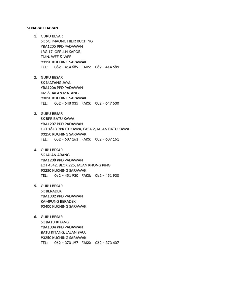 SENARAI EDARAN SEKOLAH RENDAH PPD KUCHING & PADAWAN | PDF