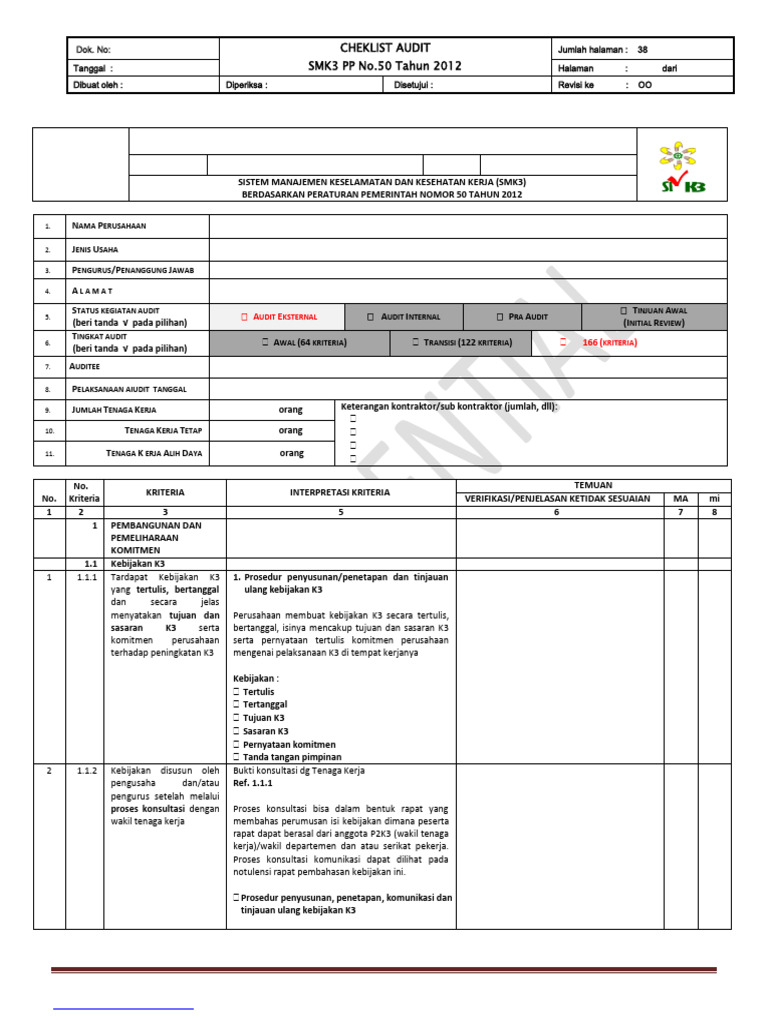 Checklist Audit SMK3 PP 50 2012 Terbaru | PDF