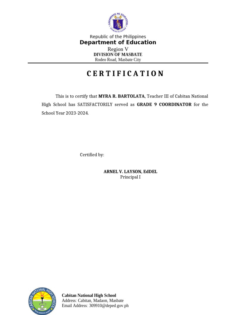 Certification: Department of Education | PDF