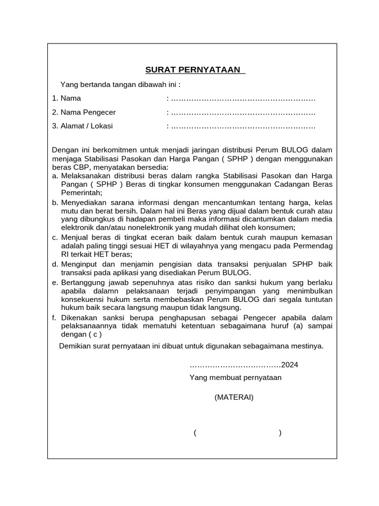 Surat Pernyataan Pedagang Pengecer SPHP Beras | PDF