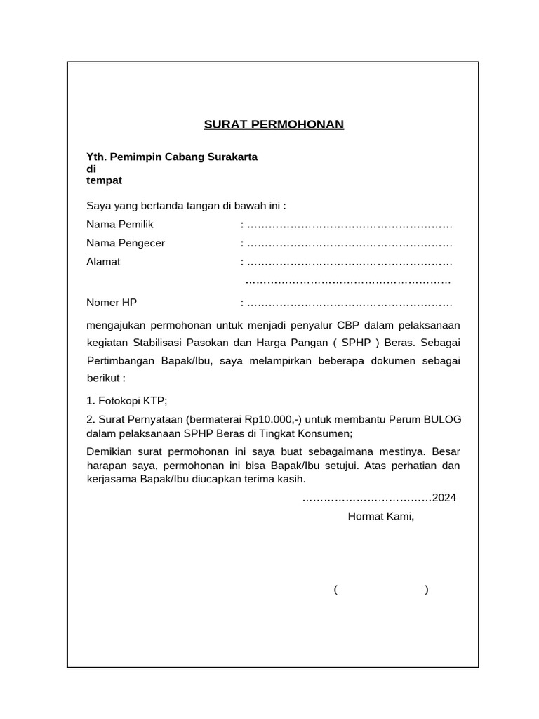 Surat Permohonan Pedagang Pengecer SPHP Beras | PDF