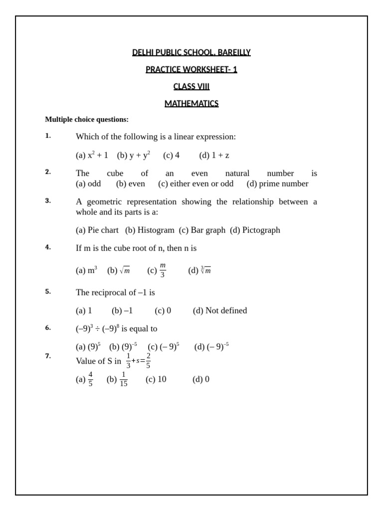 Practice Worksheet 1 - Mathematics Class VIII | PDF
