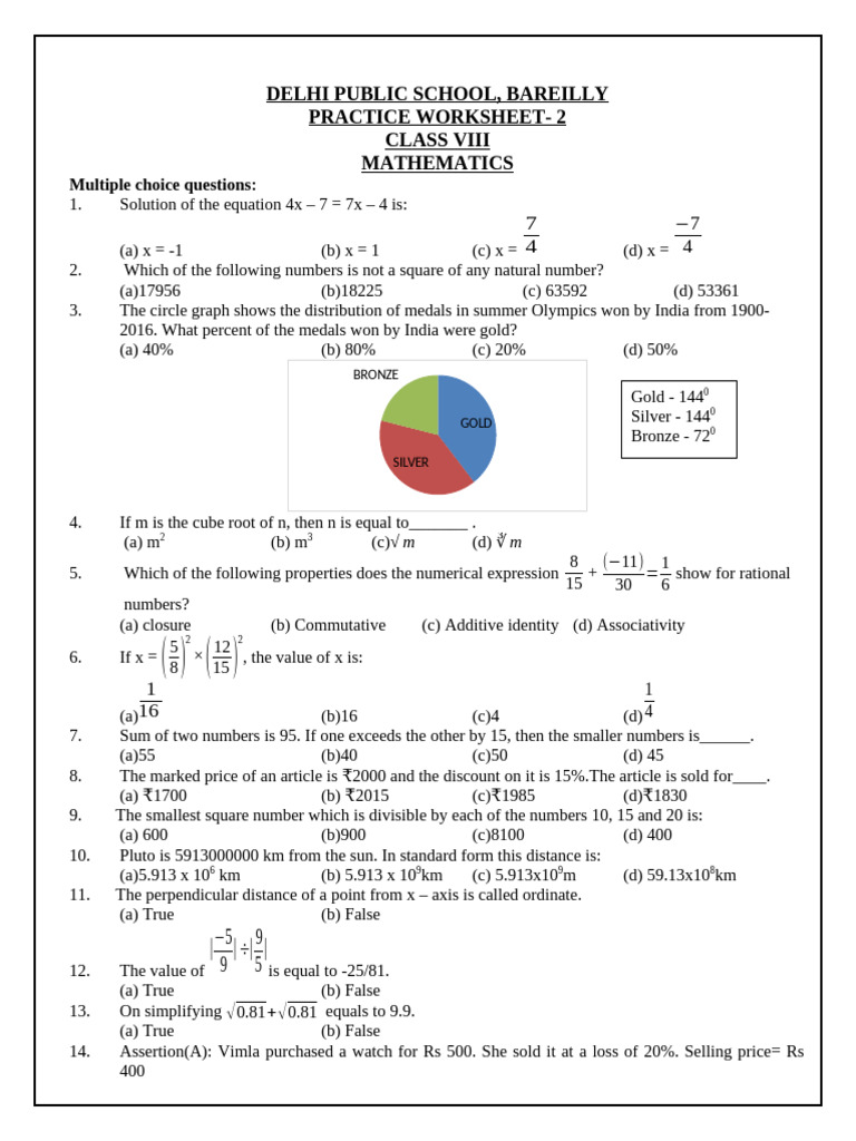 Practice Worksheet 2 - Mathematics Class VIII | PDF