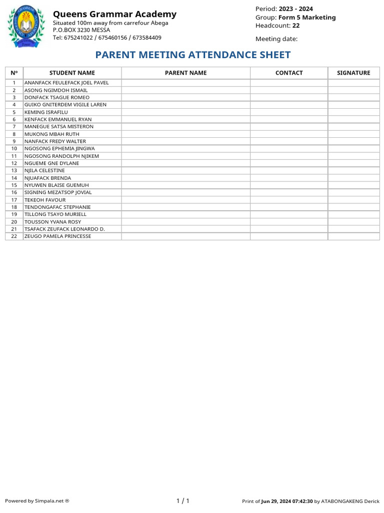 PARENT MEETING ATTENDANCE SHEET - Queens-Grammar-Academy | PDF