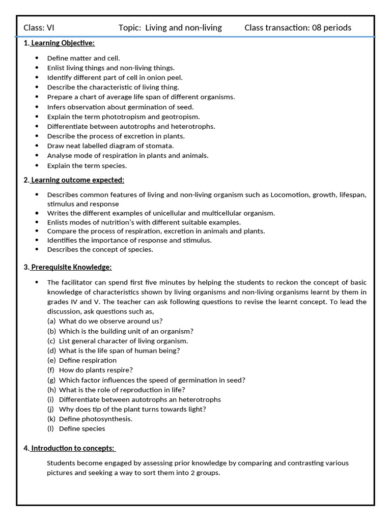 Lesson Plan VI Living and Non Living-1 | PDF