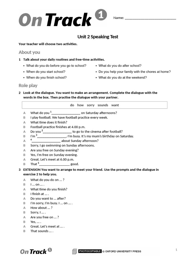 OT1 Unit 2 Speaking Test | PDF