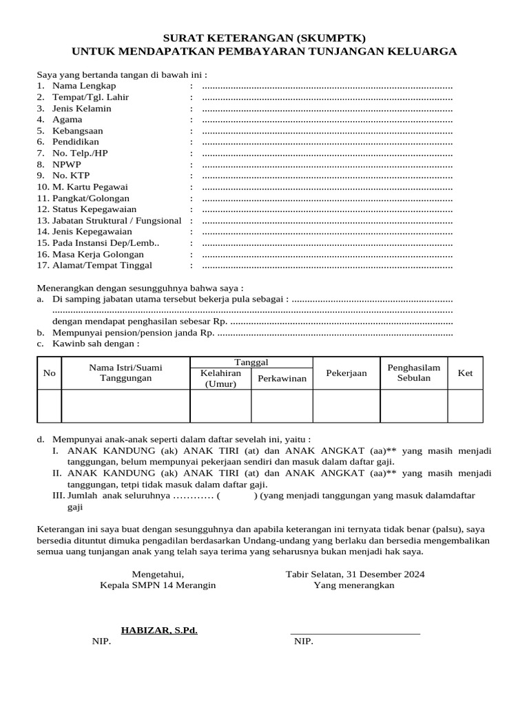 Surat Keterangan Tunjangan Keluarga | PDF