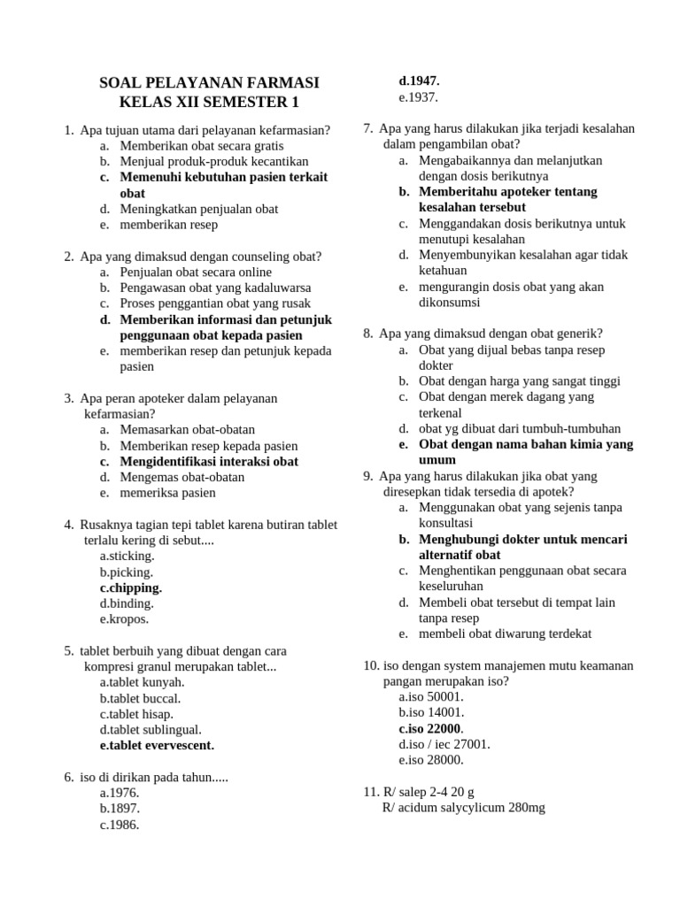 Soal Pelayanan Farmasi Kelas Xii Semester 1 | PDF
