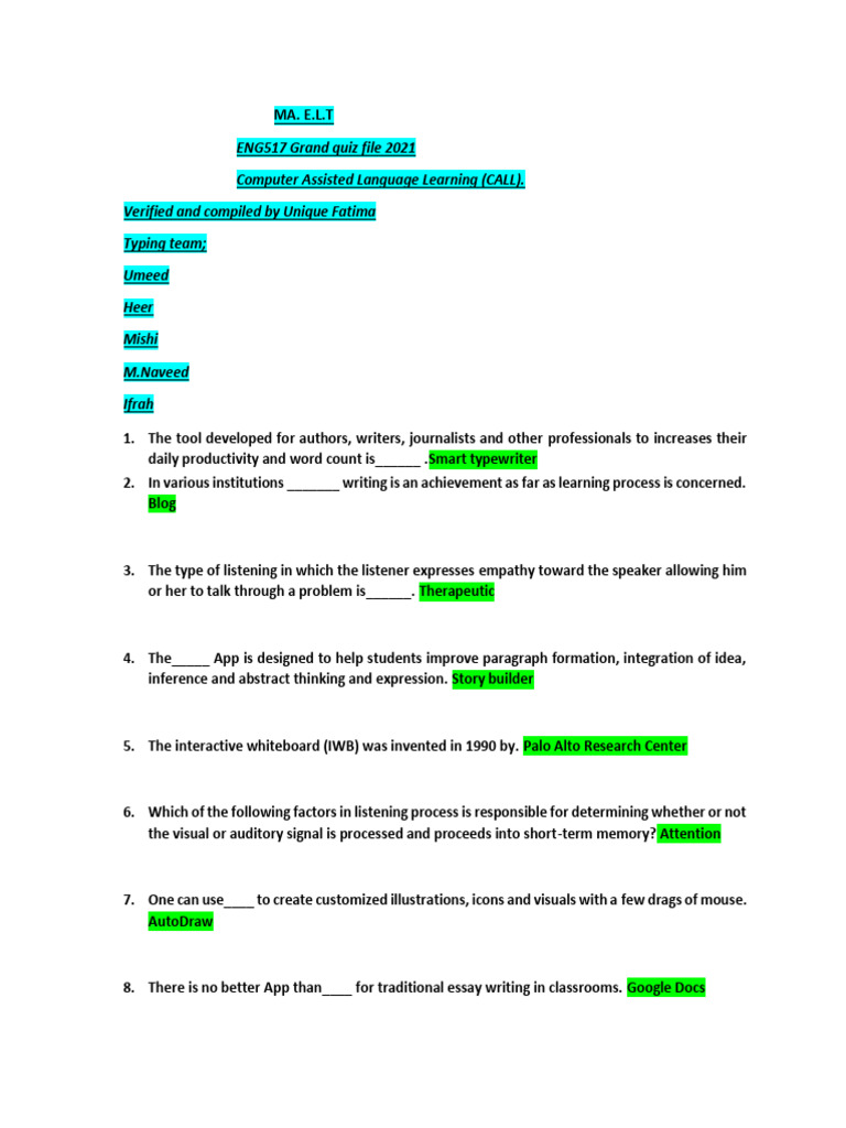 ENG517 Grand Quiz File 2021 | PDF