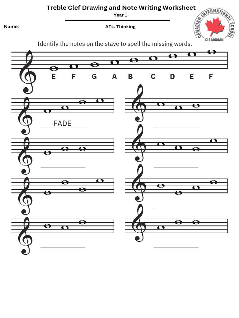 Title Treble Clef Drawing and Note Writing Worksheet | PDF