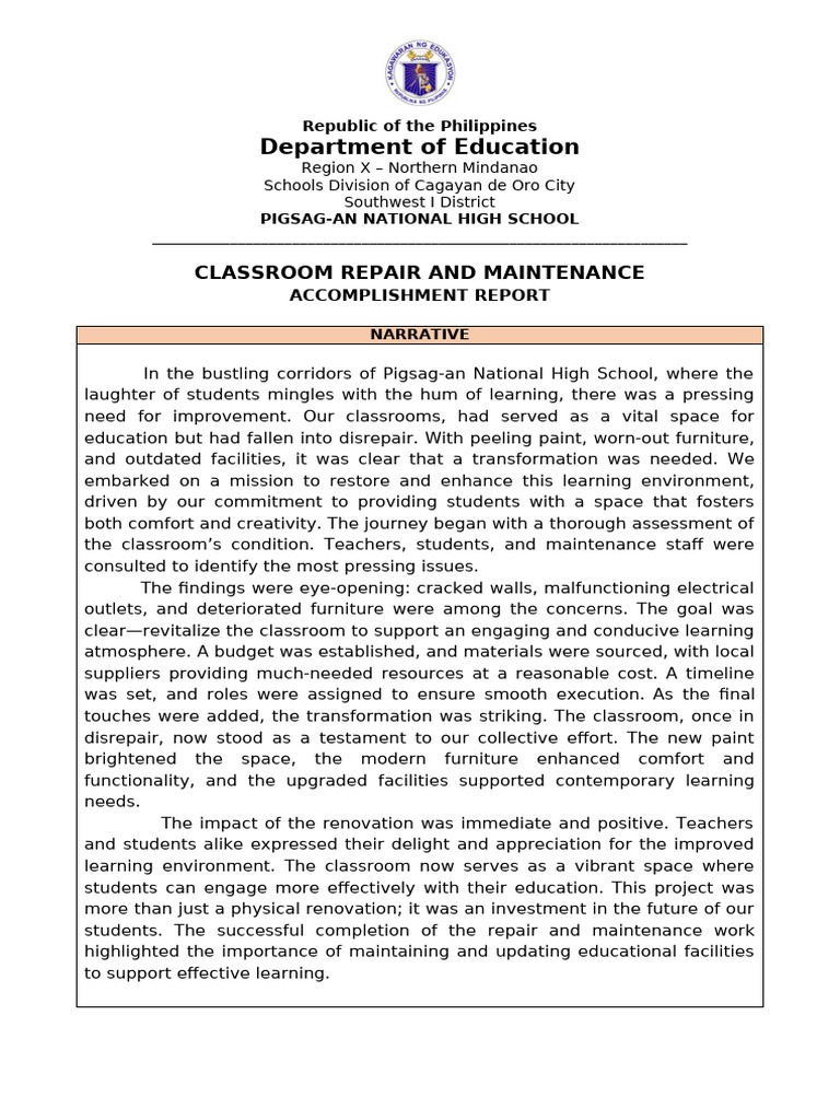 ACCOMPLISHMENT-REPORT Classroom Repair and Maintenance | PDF