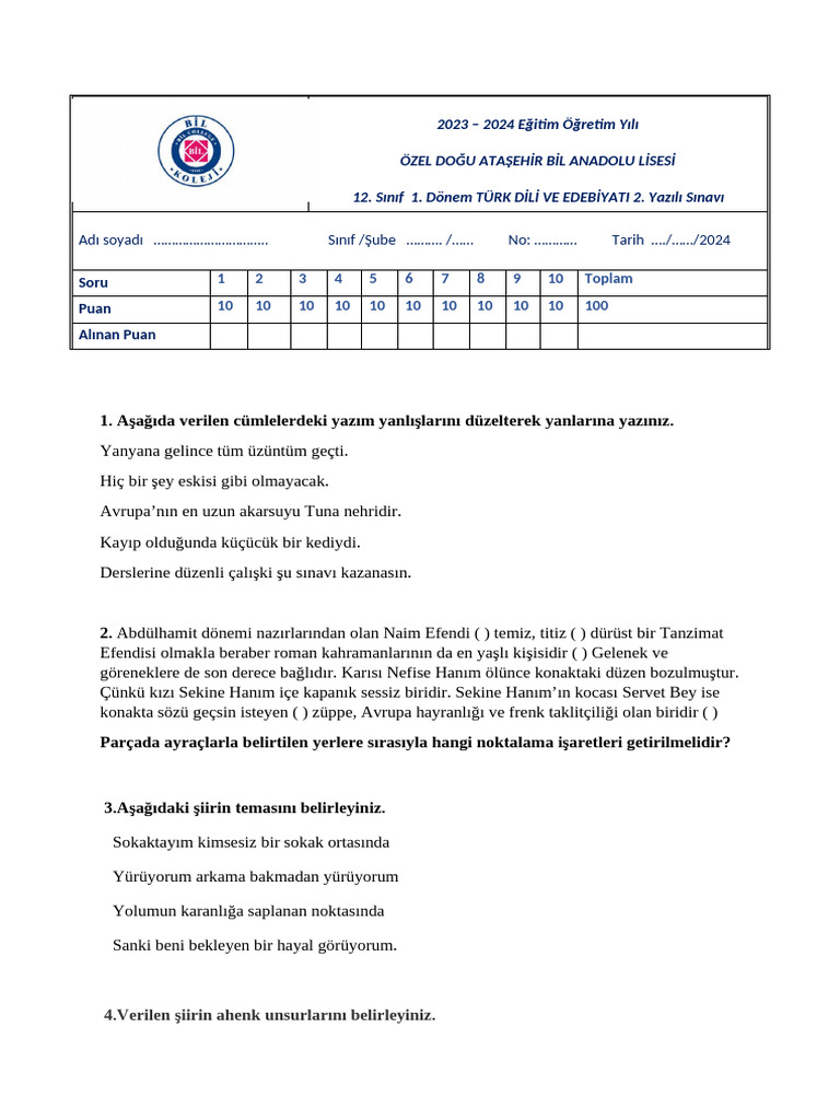 12.sınıf Tde 2. Sinav | PDF