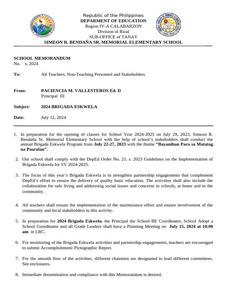 2024 Brigada Eskwela Memo | PDF