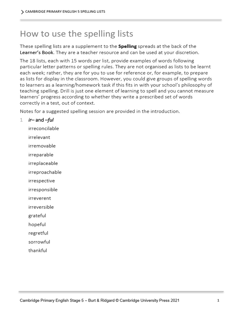 Pri Eng 2ed tr5 Spelling Lists | PDF