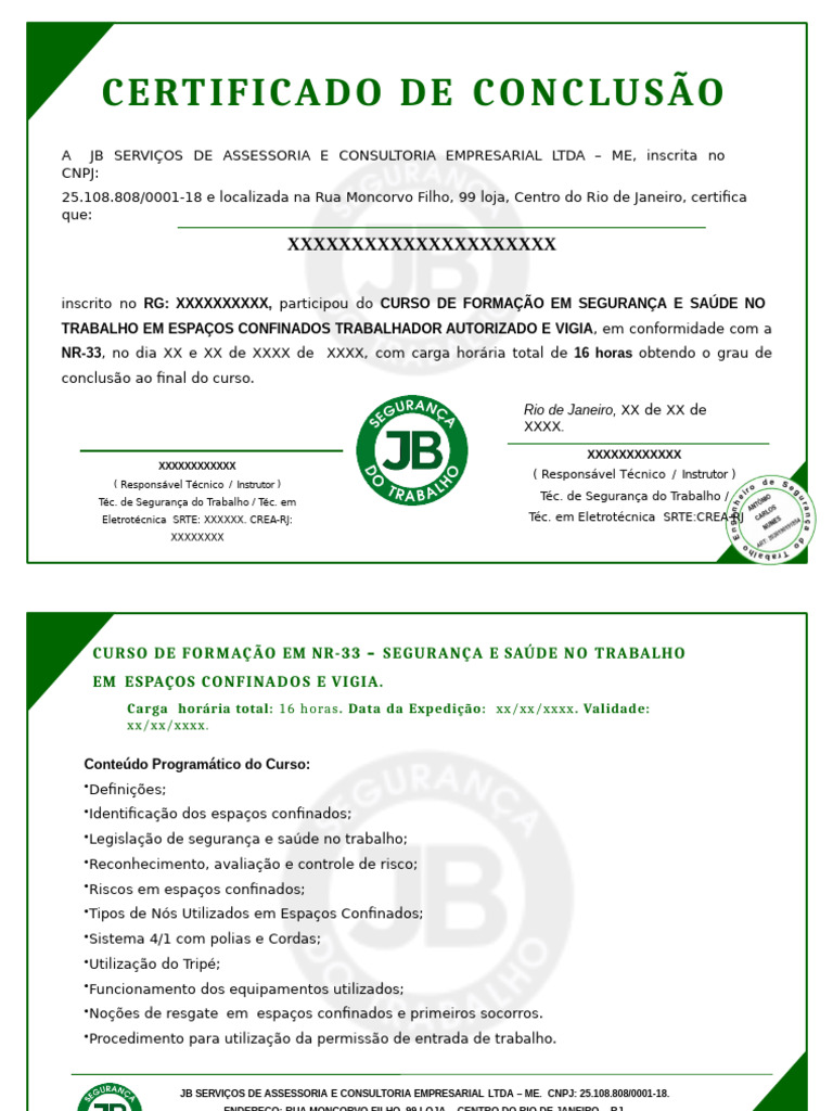 Modelo de Certificado Do Curso de NR 33 Trabalhador Autorizado e Vigia | PDF