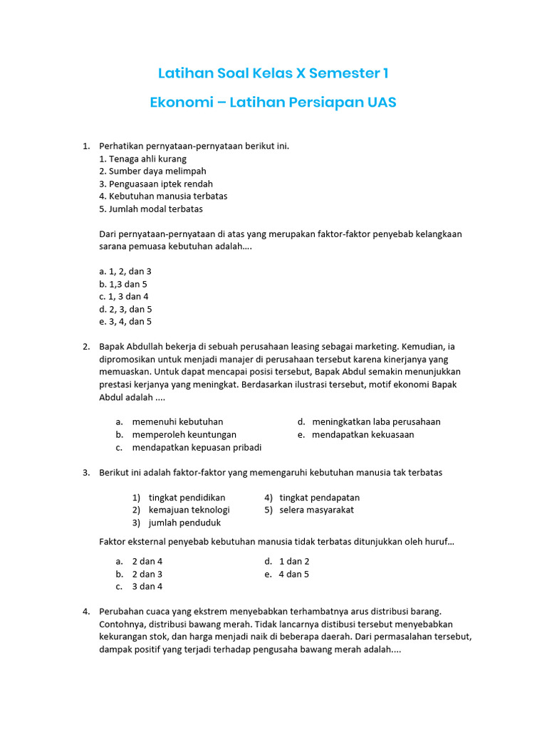 Latihan Soal Kelas X Semester 1 - Ekonomi (Latihan UAS Semester 1) | PDF