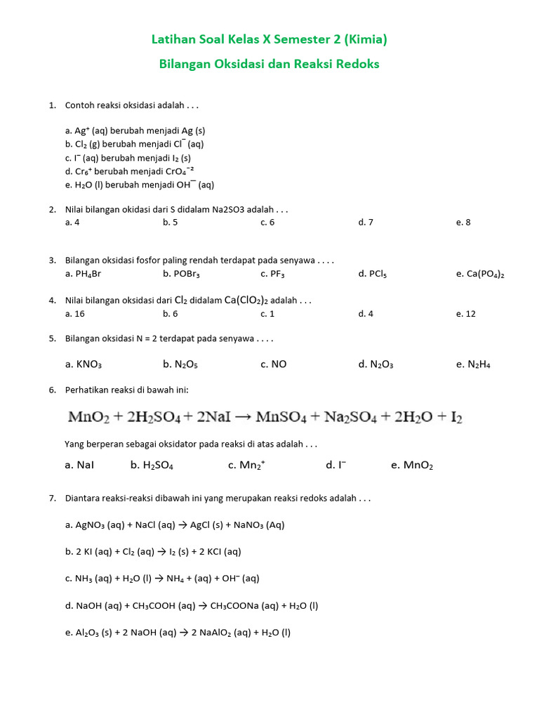 Latihan Soal Kelas X Semester 2 - Kimia (Biloks, Redoks, Dan Penyetaraan Reaksi) | PDF