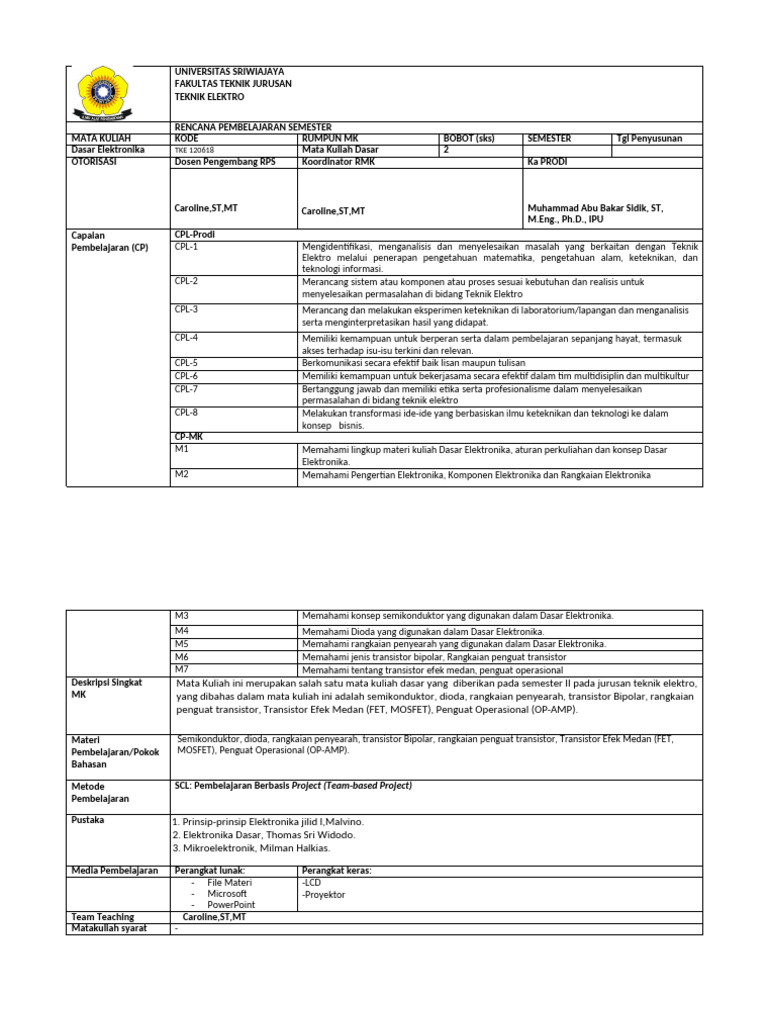 Semester 2 - RPS Dasar Elektronika Baru | PDF