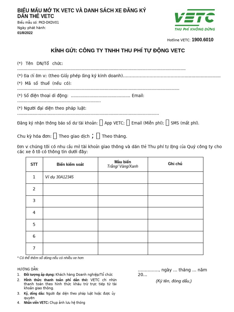 01.8. 2022 - BM Dang Ky Dich Vu VETC (Dung Cho To Chuc) - Final | PDF
