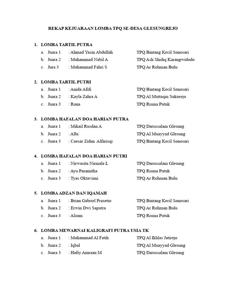 Desa - Rekap Kejuaraan Lomba TPQ | PDF
