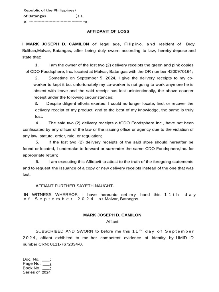 Affidavit of Loss Delivery Receipt 9.11.24 | PDF