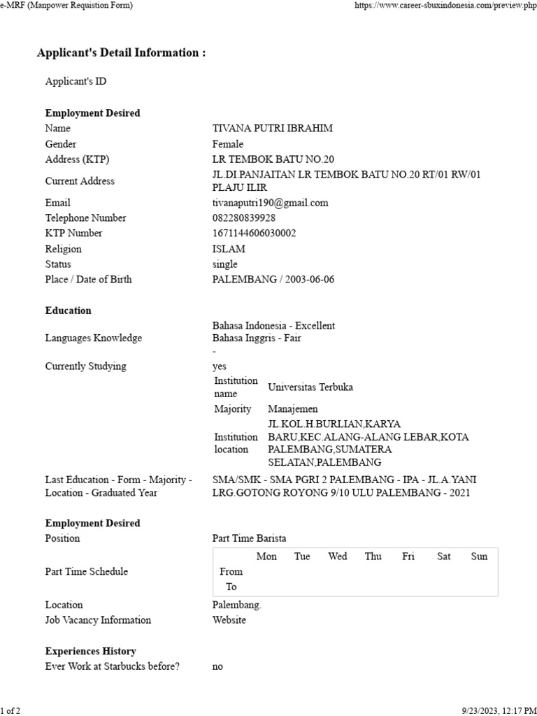 CV Starbucks e-MRF (Manpower Requistion Form) | PDF