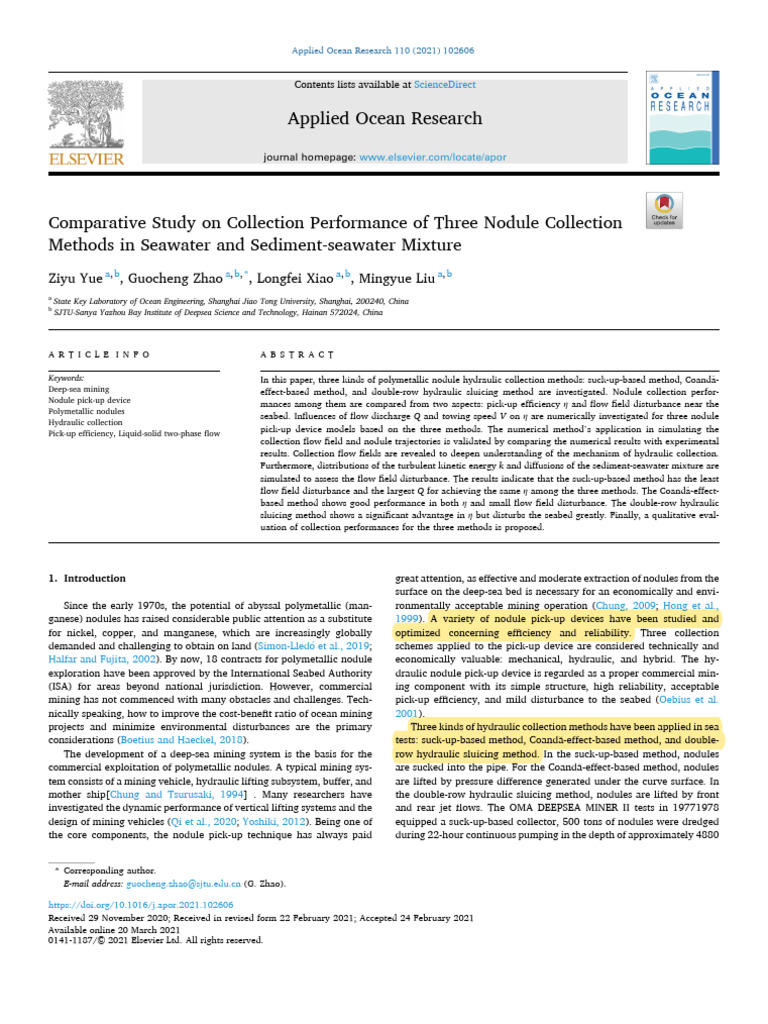 Comparative Study On Collection Performance of Three Nodule Collection Methods in Seawater and ...