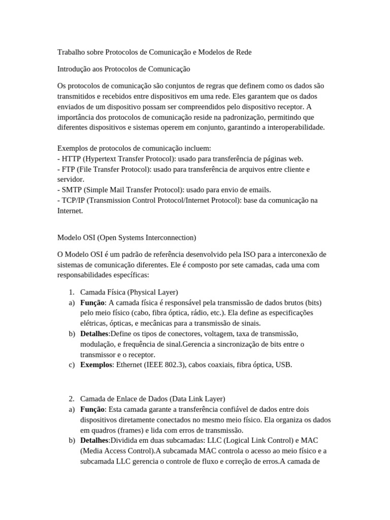 Trabalho Protocolos Modelos Rede | PDF
