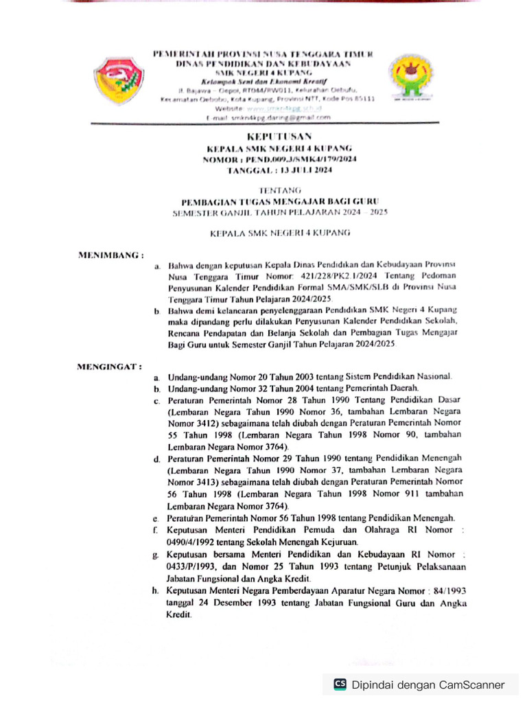 SK Pembagian Tugas Mengajar Guru TP 20242025 | PDF