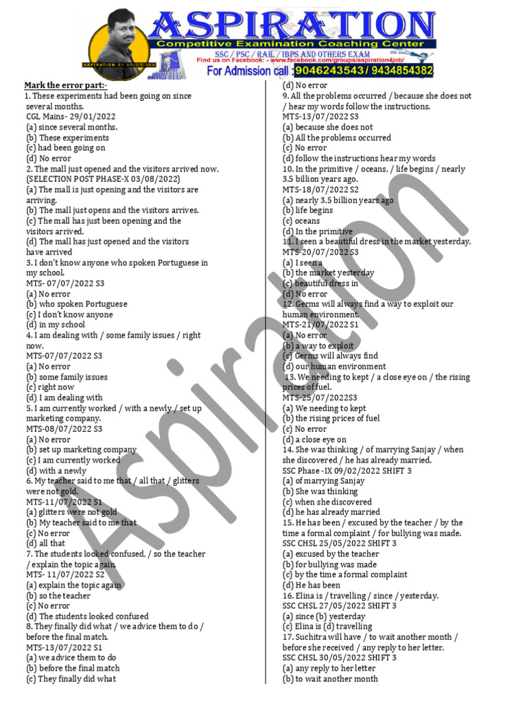 Tense practice set (SSC previous year) | PDF