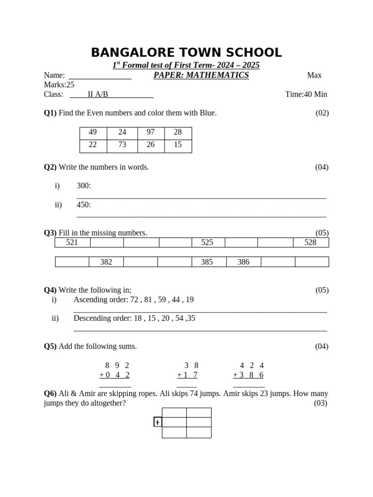 Maths Formal test for grade 2 | PDF