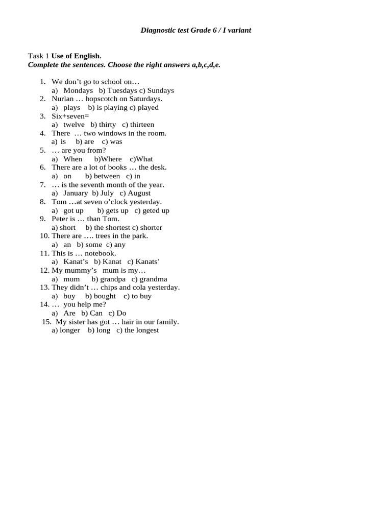 Diagnostic Test 6 Grade | PDF