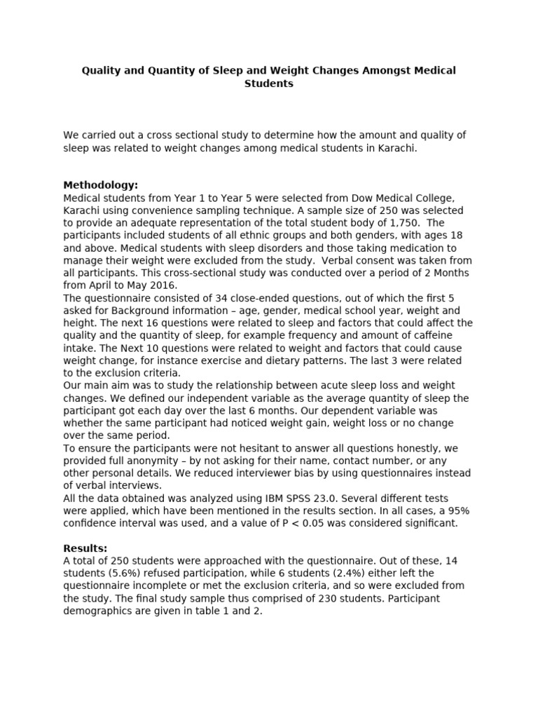 Methods and Analysis of Sleep and Weight Change Study (To Understand Practice SPSS Dataset ...