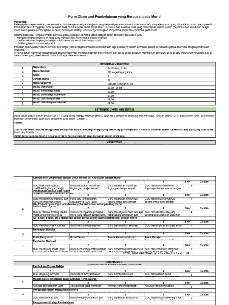 Lampiran 5 - Instrumen Observasi Praktik Mengajar .XLSX - Rubrik Observasi Pembelajaran ( | PDF
