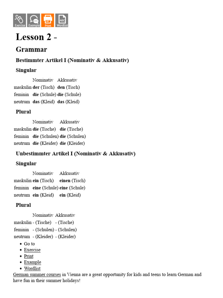German Lessons Online German Grammar For Beginners (2) - Artikel | PDF