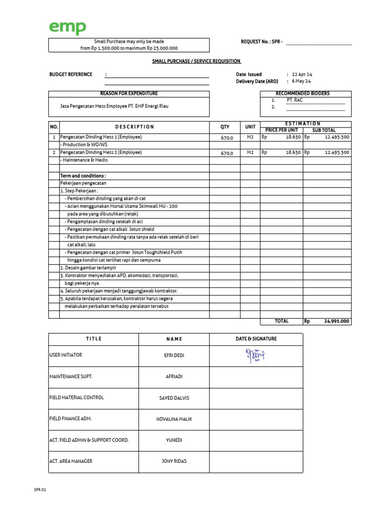 2024 - SPR EMP Energi Riau - Jasa Pengecatan Mess I & Mess II | PDF