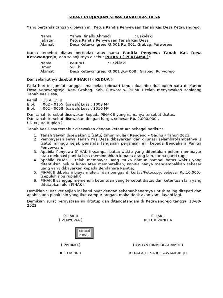 Contoh SURAT PERJANJIAN SEWA TANAH KAS DESA KETAWANGREJO | PDF