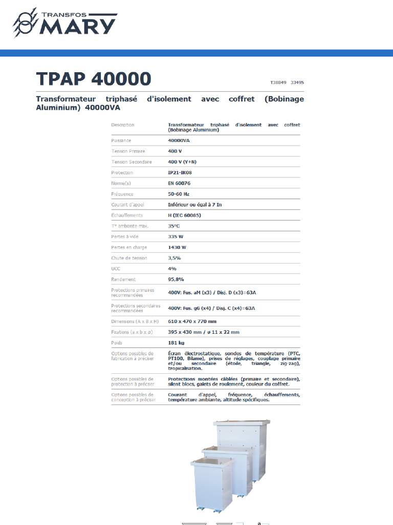Transfo Isolement 40KVA SEY33495 - FICHE - 1 | PDF