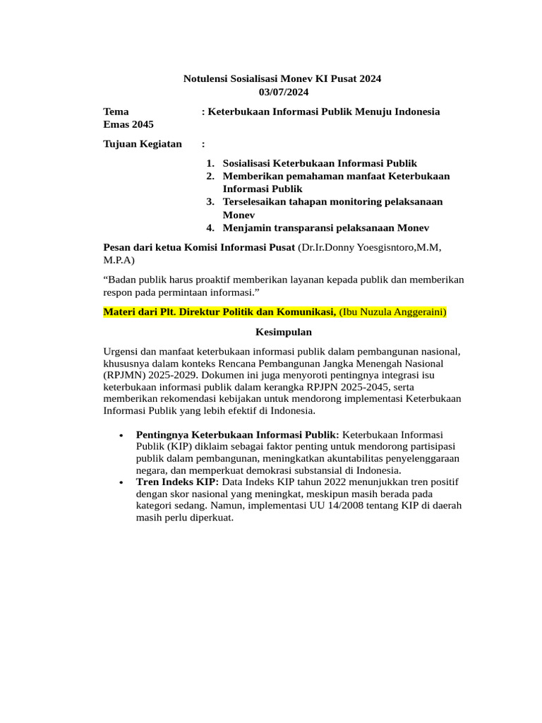 Notulensi Sosialisasi Monev KI Pusat 2024 | PDF