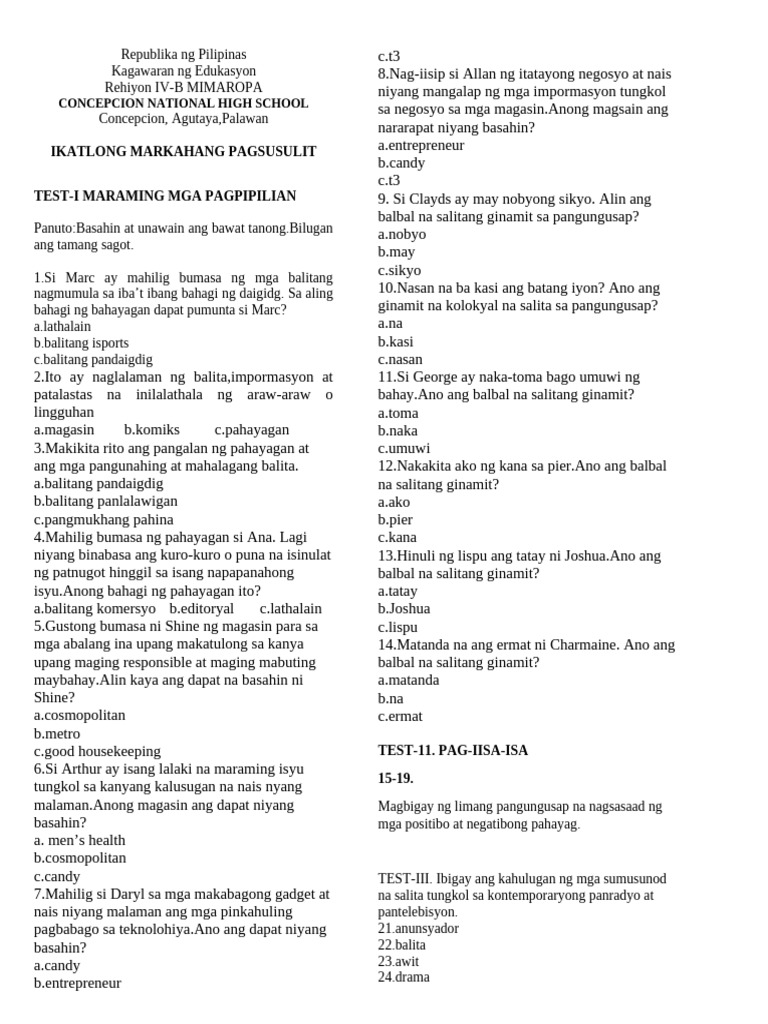 Fil Exam 3rd Grading | PDF