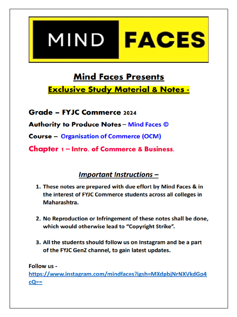 FYJC Commere OCM Chapter 1 - FULL NOTES (Intro To Commerce & Business ...