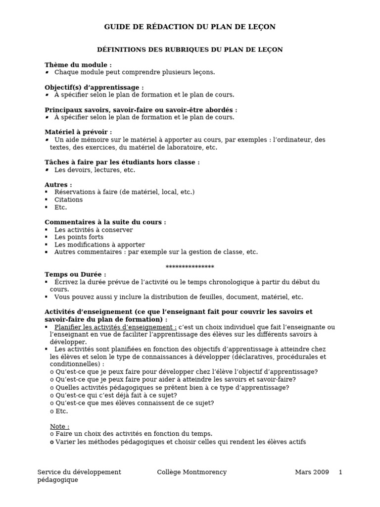 Exemple Plan de Leçon Quebec | PDF