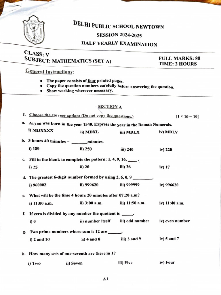 Half Yearly Math Question Class5 | PDF