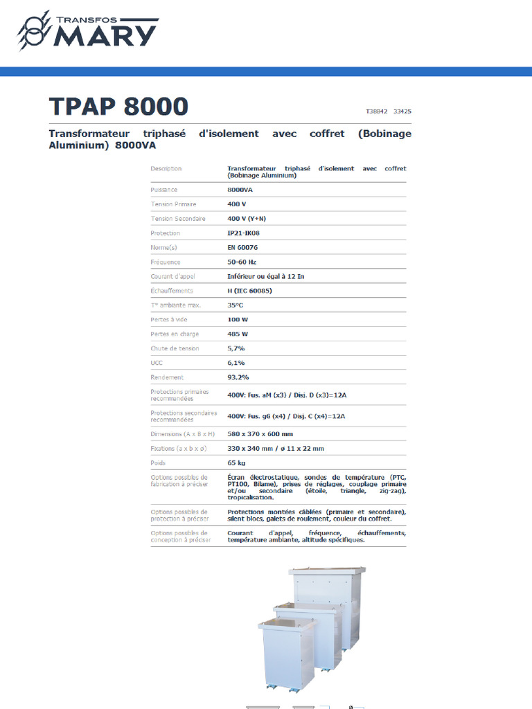 Transfo Isolement 8KVA SEY33425 - FICHE - 1 | PDF